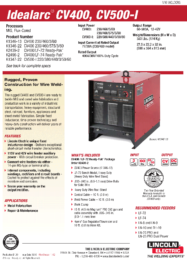 Lincoln CV-400 230/460/575/3/60 MIG Welder – K1346-22 | Millerwelds