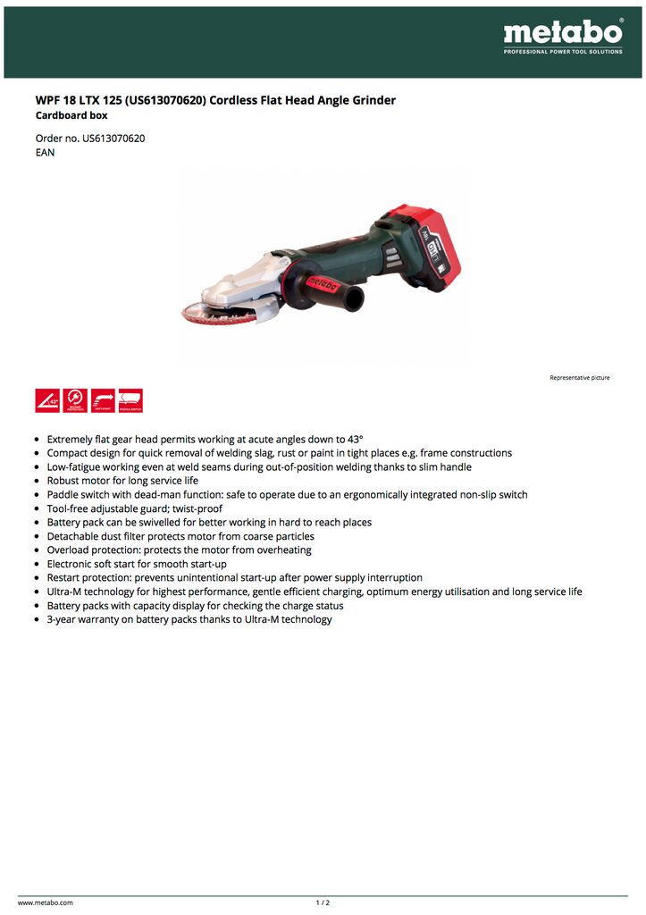 Metabo WPF 18 LTX 125 Cordless Flat Head Angle Grinder – US613070620 ...